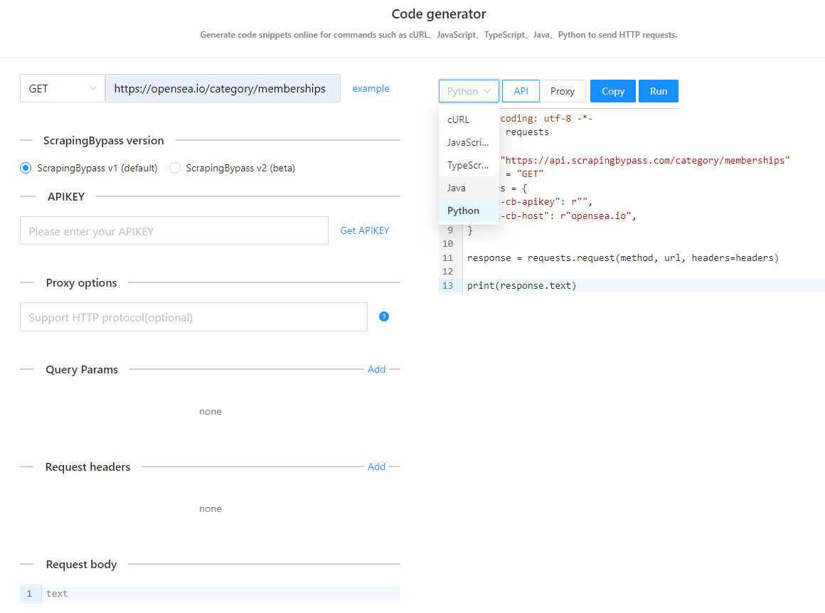 Code generator | Web Scraping API Tutorial – ScrapingBypass.com
